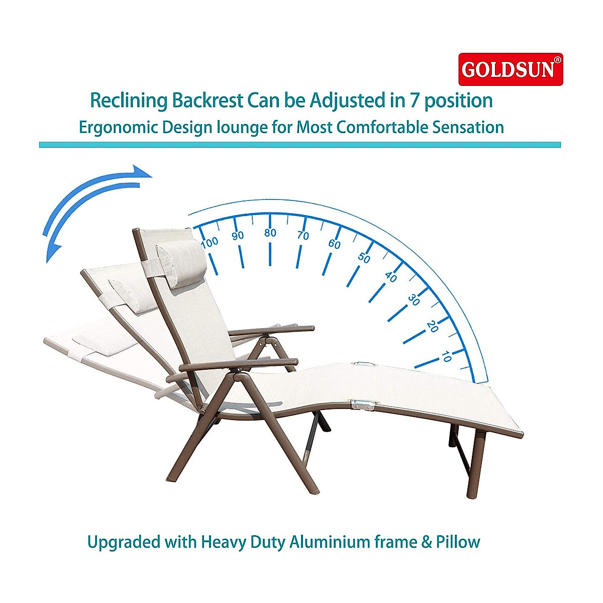 GOLDSUN Aluminum Outdoor Folding Reclining Adjustable Patio Chaise Lounge Chair with Pillow for Poolside Backyard and Beach Set of 2, Set of Two, Beige