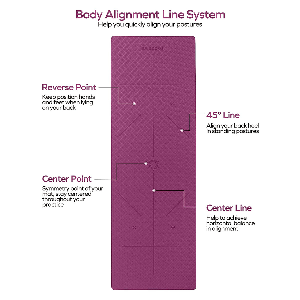 Ewedoos Yoga Mat with Alignment Marks, Yoga Mat Thick 1/4'' Textured Surfaces Exercise Mats for Home Workout Eco Friendly TPE Fitness Pilates Non Slip Yoga Mat with Strap