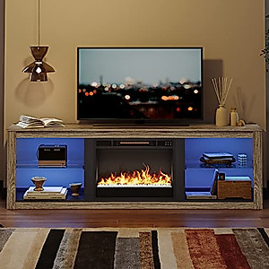 Bestier Fireplace TV Stand for 75 inch TV with 23 inch Electric Fireplace, 70 inch Entertainment Center with LED Light, Glass Shelves for Living Room, Wash Gray