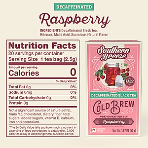 Southern Breeze Decaf Cold Brew Sweet Tea Raspberry Iced Tea with Black Tea and Zero Carbs Zero Sugar, 20 Individually Wrapped Tea Bags, Pack of 4