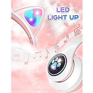 VuyKoo Kids Headphones with Microphone/RGB LED Light Up, Cat Ear Bluetooth Headphones 94dB Volume Limiting, Foldable Stereo Over-Ear Headphones for Kids Tablet/School/iPad/Smartphone (Pink)