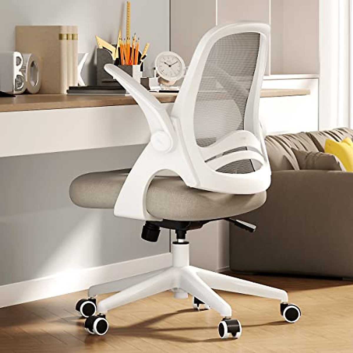Hbada Home Office Chair Work Desk Chair Comfort Ergonomic Swivel Computer Chair with Flip-up Arms and Adjustable Height, Beige