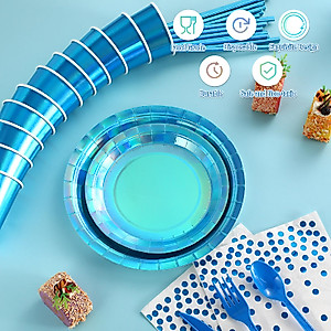 Iridescent Blue Party Supplies Decorations Serve 25, Holographic Blue Paper Plates and Napkins, Disposable Iridescent Party Plates Cups Napkins for Wedding Anniversary Birthday Bridal Shower Party