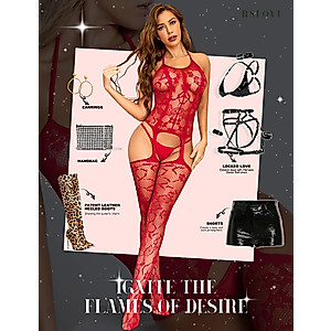RSLOVE Women Fishnet Bodystocking Attached Stockings Sexy Lingerie Crotchless Bodysuit One Piece Babydoll One Size Red