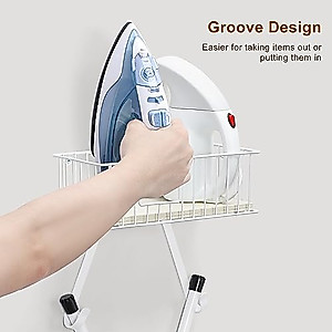 Ironing Board Hanger Wall Mount for Y Leg Ironing Board Holder with Shelf and Wooden Base Basket Iron Holder Rack with Hooks for Home Laundry Room White