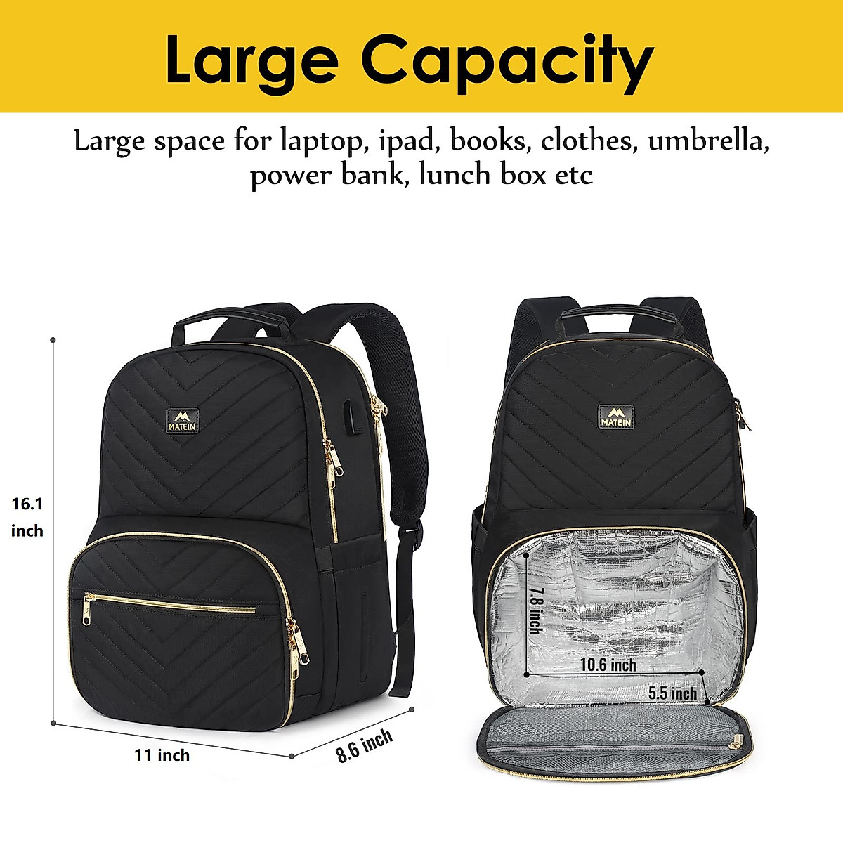 MATEIN Backpack Purse for Women, 15.6 Inch Convertible Leather Laptop Backpack with USB Charging Port, Lunch Backpack for Women, Water Resistant Insulated Cooler Laptop Backpack for Work Pincic