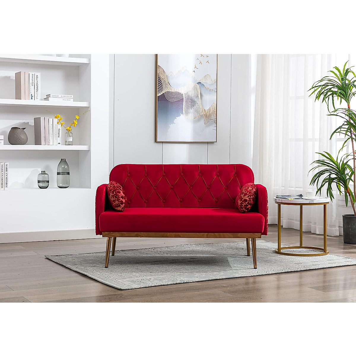HomJoones 55.12" Accent Sofa, Velvet Sofa, Mid Century Modern Velvet Fabric Couch, Recliner Couch Accent Sofa Loveseat Sofa with Gold Metal Feet (Red)
