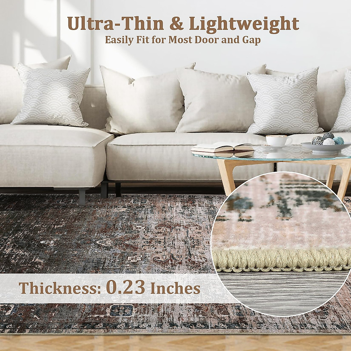 CAROMIO Washable 9x12 Area Rugs, Large Rugs for Living Room Ombre Vintage Distressed Bedroom Rug, Ultra-Thin Soft Non-Slip Area Rug for Dining Room, Brown Multi