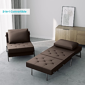 Serweet Chair Bed Sofabed for Adults Single, Convertible Folding Sofa for Living Room Bedroom Chair with Breathable Linen Fabric & Sturdy Metal Frame, Dark Brown
