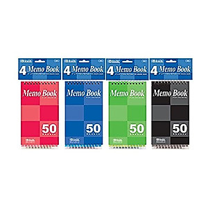 4 Pk, Bazic Top Bound Spiral Memo Books, 3-Inch-by-5-Inch, 50 Sheets (4 Per Pack, Total of 16)