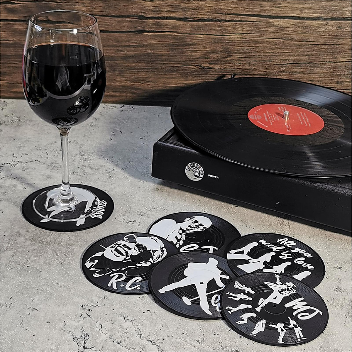 REDIVA Vinyl Record Coasters for Drinks with Record Player Holder, 6 Pcs Retro and Legendary Coasters Set, Funny Coasters for Music Lovers, Housewarming Hostess Gifts, Birthday Gift Ideas