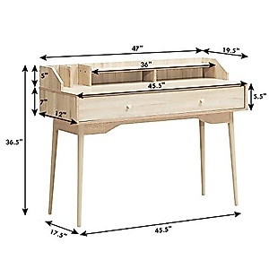 Tangkula Mid Century Desk with Storage Drawer, Writing Study Computer Desk with Hutch, Wooden Study Table PC Workstation, Home Office Desk Kid’s Desk for Bedroom (Natural)