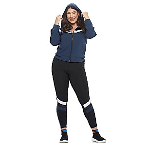 Jvini Women's 3 Piece Sports Outfit Set - Zip Up Hoodie Sweatshirt - Raceback Bra & Leggings Navy/Black Curve 1XL US(14-16)