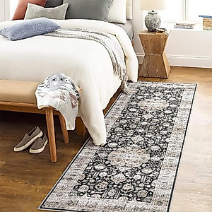 GlowSol Washable Rugs 2x6 Runner Rug Vintage Oriental Area Rugs for Bedroom Aesthetic Entryway Rug Black Rug Throw Rugs with Rubber Backing Distressed Carpet Kitchen Rugs Black 2'x6'