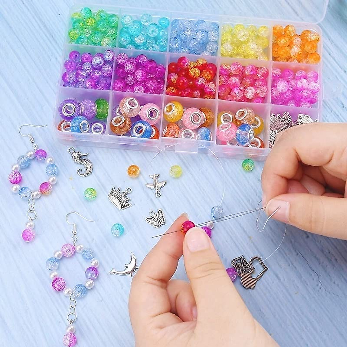 DSFEOIGY Crackle Beads Kit Lampwork Acrylic Round Spacer Loose Set for Handcrafted DIY Beading Bracelet Jewelry Making Crafts