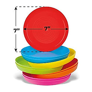PLASKIDY Kids Plates Set of 12 Toddler Plastic Plates - BPA FREE Microwave and Dishwasher Safe Reusable Plastic Children's Plates Brightly Colored 7 Inch Dinner Plates