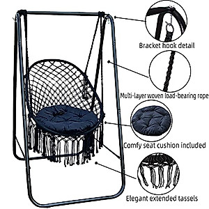 YUCAN Hammock Chair Stand with Backrest Hanging Chair Included, Extended Macrame Hanging Cotton Rope Chair with a Pillow for Indoor and Outdoor(Black), Large size