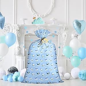 Loveinside Jumbo Large Plastic Gift Bag, Baby Boy Design Plastic Bag with Tag and Tie for Birthday, Baby Shower - 56" x 36", 1 Pcs - Blue Sleepy Bear