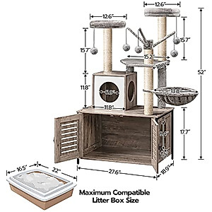 HOOBRO Cat Tree with Litter Box Enclosure, Cat Tower with Scratching Posts for Indoor Cats, All-in-One Wooden Cat House Furniture, Cat Condo with Hammock, Detachable Teaser Sticks, Greige BG14MZ03