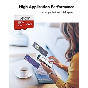 Lexar E-Series 64GB Micro SD Card, microSDXC UHS-I Flash Memory Card with Adapter, 100MB/s, C10, U3, A1, V30, Full HD, 4K UHD, High Speed TF Card