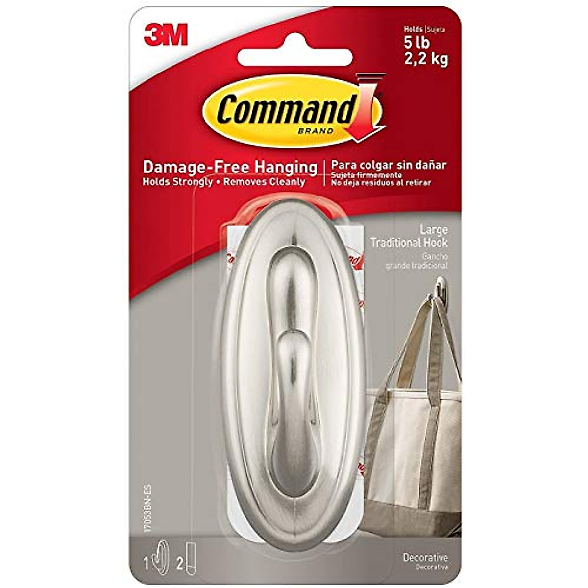 Command Traditional Medium Plastic Hooks, Brushed Nickel, 2-Hook