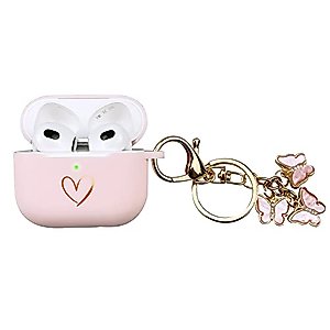 AIIEKZ Compatible with AirPods 3 Case Cover 2021, Soft Silicone Case with Gold Heart Pattern for AirPods 3rd Generation Case with Cute Butterfly Keychain for Girls Women (Pink)