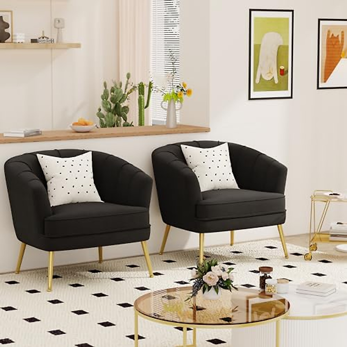 SHINEBOOM Velvet Accent Chairs for Living Room Bedroom Office Leisure Upholstered Single Sofa Chair Arm Chair Comfy Chair Reading Club Coffee Chair with Metal Legs, Black