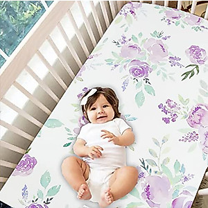 TANOFAR 4 Piece Crib Bedding Set for Girls, Baby Nursery Crib Bedding Set, Purple Flower Crib Skirt, Quilt, Crib Sheet and Diaper Stacke,Crib Bedding Set for Girls (Purple Flower)