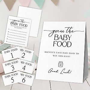 Baby Shower Game Set - Guess The Baby Food - Minimalism Classic (1 Standing Sign + 6 Number Cards + 20 Answer Cards), Gender Reveal, Baby Announcement - SWLK-A10
