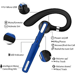 Bluetooth Headset, Wireless Bluetooth Earpiece V5.0 Hi-Fi Stereo Lightweight Headphones Hands-free Earphones with Noise Cancellation Microphone for Cellphones, Business Office/ Work Out/Trucker (Blue)
