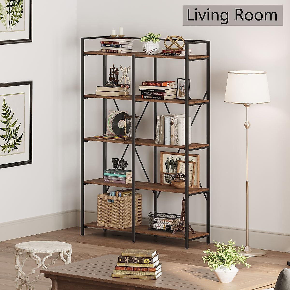 BON AUGURE Industrial Bookshelf, Bookcases and Bookshelves Etagere, Tall Large Farmhouse Book Shelves, 5 Tier Open Bookcase, Wood Metal Shelving Unit for Bedroom, Office (Rustic Oak)