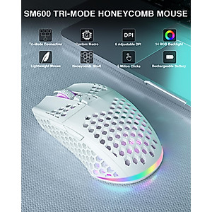 SOLAKAKA SM600 White Wireless Gaming Mouse,8000 DPI Tri-Modes BT5.1/Type-C Wired/2.4G Wireless Mouse with 2 Side Buttons, Programmable Macro Gamer Mouse with RGB Light for Laptop/PC/Mac