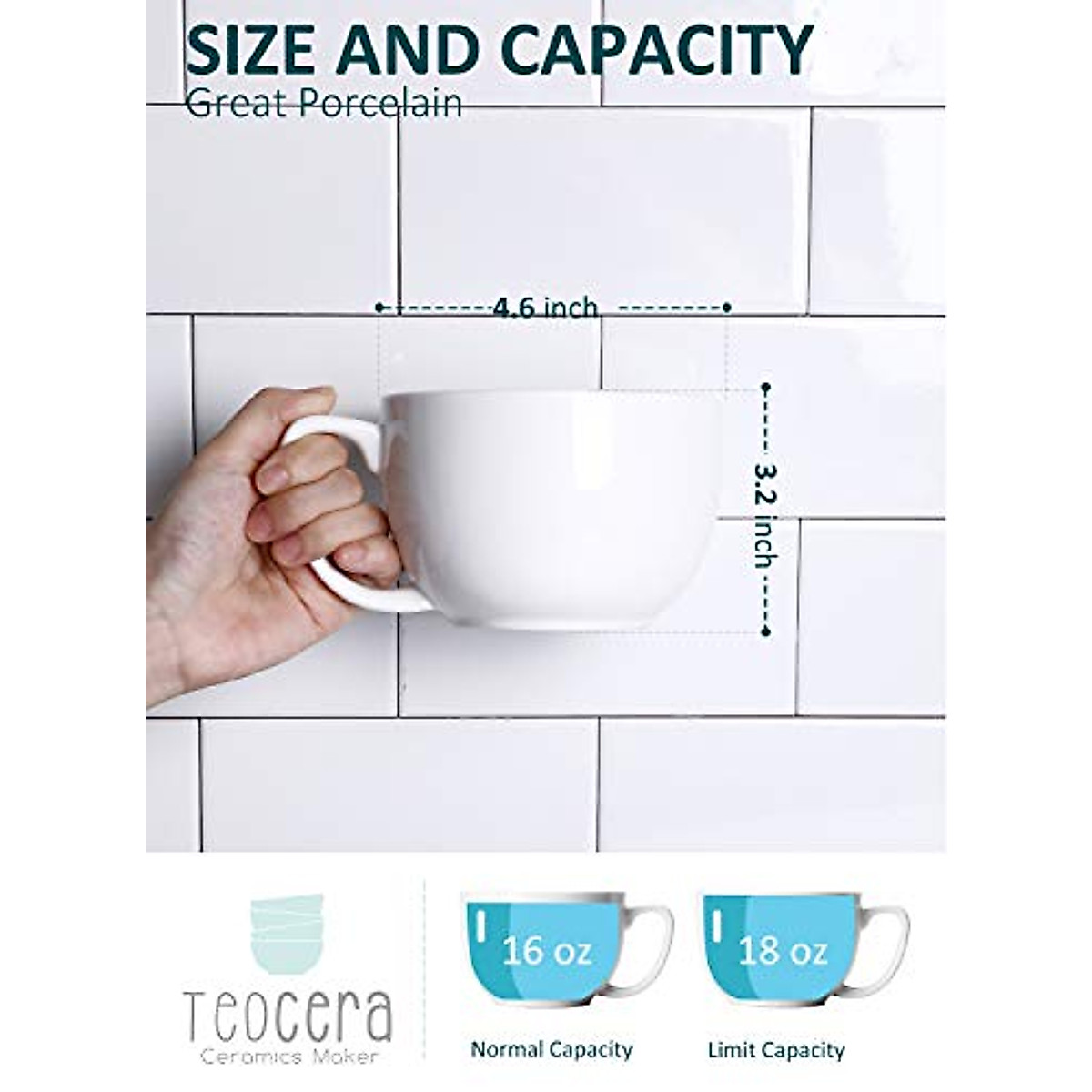 White Porcelain Jumbo Coffee Mugs Set of 4-16 Ounce Cups with Handle for Hot or Cold Drinks like Cocoa, Milk, Tea or Water - Smooth Ceramic with Modern Design