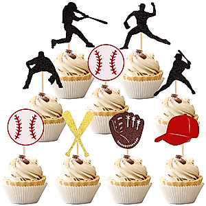 24 PCS Baseball Cupcake Toppers Glitter Baseball Players Sports Theme Cupcake Picks Baseball Sport Theme Baby Shower Kids Birthday Party Cake Decorations Supplies