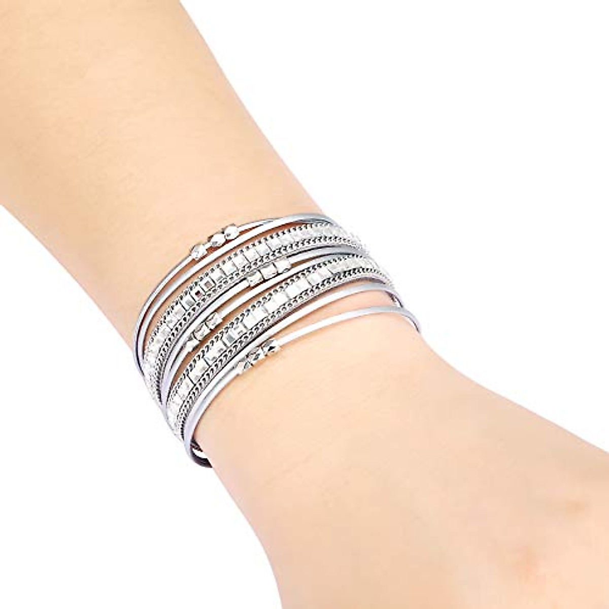 Fesciory Leather Wrap Bracelets for Women, Boho Leopard Multi-Layer Crystal Beads Cuff Bracelet Jewelry