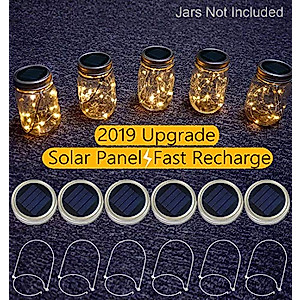 Solar Mason Jar Lid Lights, 6 Pack 30 Led String Fairy Star Firefly Jar Lids Lights,6 Hangers Included(Jars Not Included), Best for Mason Jar Decor,Patio Garden Decor Solar Laterns Table Lights