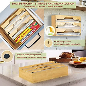 KITORG Bamboo Foil and Plastic Wrap Organizer for Drawer, 3 in 1 Tin Foil, Cling Paper, Food Wrap, Plastic Wrap Dispenser with Cutter and Labels for Kitchen, Aluminum Foil Organization and Storage