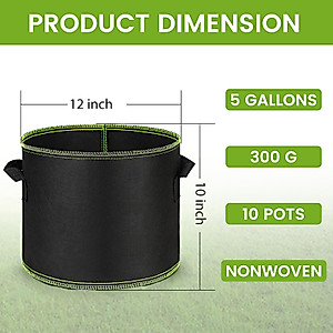 Eowllo Grow Bags 5 Gallon 10Pcs Heavy Duty 300G Fabric Pots for Plants,Thickened Nonwoven Garden Bags to Grow Vegetables,Large Nursery Pots,Tomato Grow Bags with Handles, Green Line Border