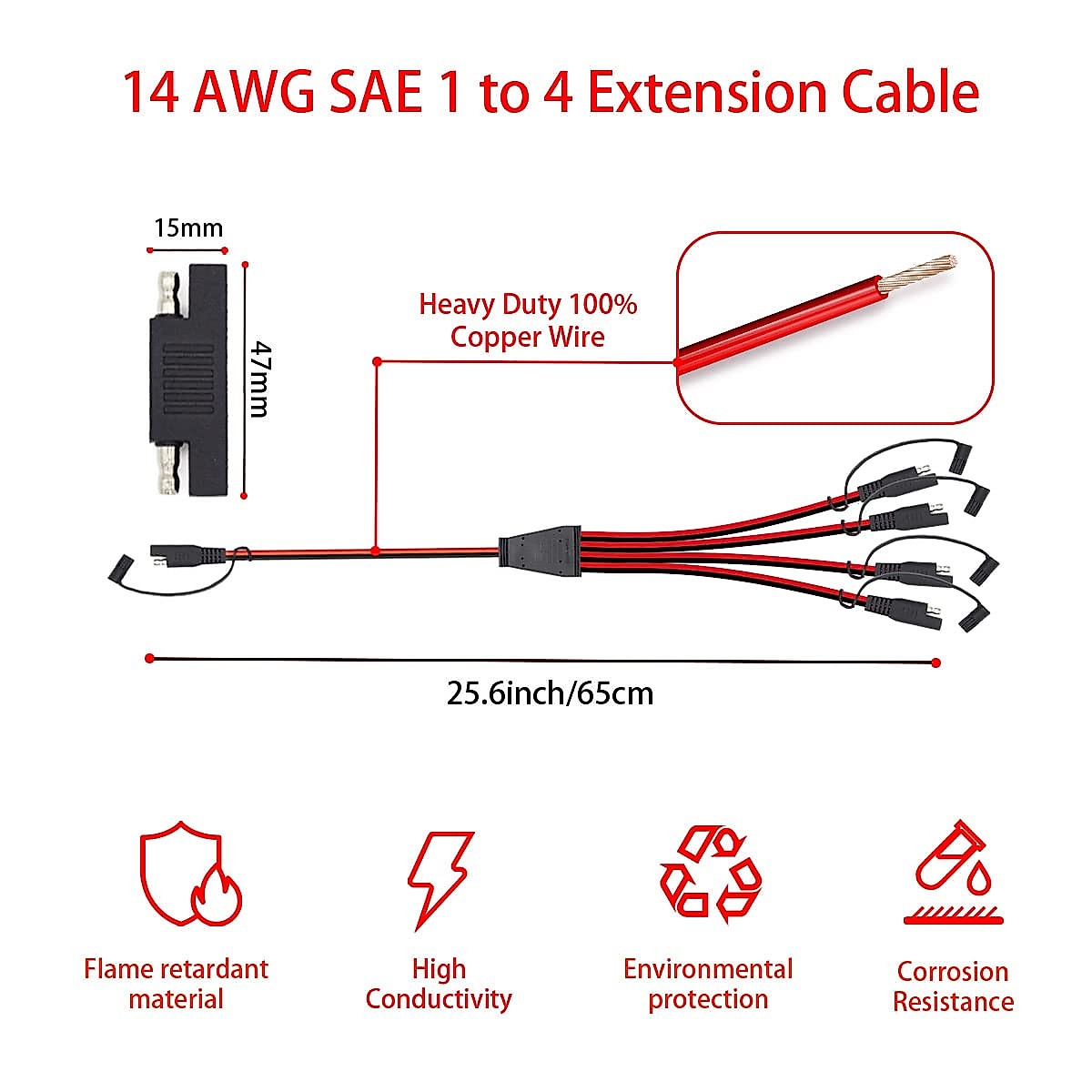 Billion wealth 14 AWG SAE Connector Splitter 2FT Y Splitter 1 to 4 SAE Extension Cable Brass DC Power Automotive Adapter Quick Disconnect Connector Compatible with Solar Connection and Transfer