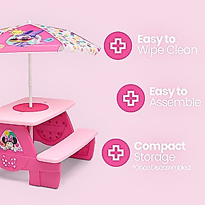 Delta Children 4 Seat Activity Picnic Table with Umbrella and Lego Compatible Tabletop, Minnie Mouse, 32.5 in x 34.25 in x 53.5 in