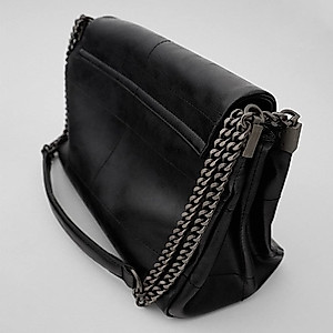 Womens Vintage Black Rock Style Flap Single Shoulder Bag with Chain Strap Faux Leather Luxury Zipper Messenger Handbag Pack Purse Chain Strap Faux Leather Purse