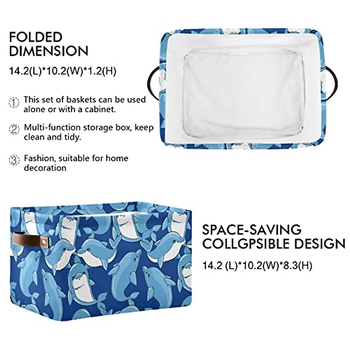 xigua Dolphins Pattern Square Storage Basket,Collapsible Sturdy Fabric Storage Basket Cube W/Handles for Clothes Toy Closet(1 pcs)-43