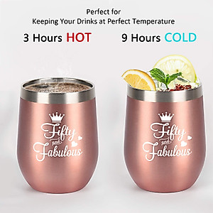 GINGPROUS 50th Birthday Gifts for Women Wife Mom Friends Coworkers, Fifty and Fabulous Wine Tumbler for 50th Birthday, 12 Oz Stainless Steel Insulated Wine Tumbler with Lid and Straw, Rose Gold