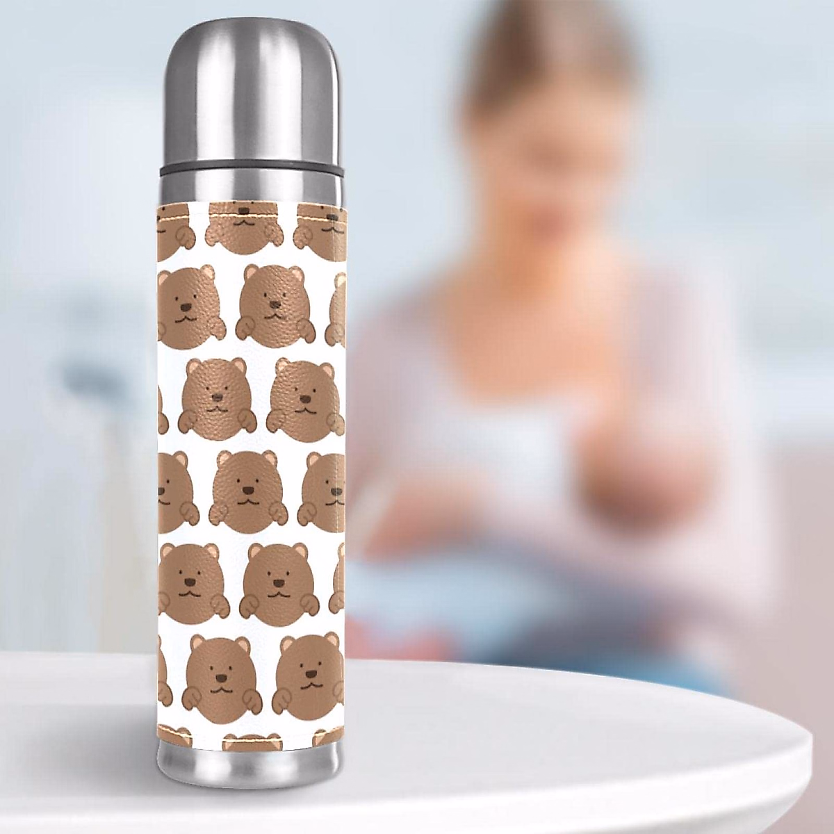 Stainless Steel Leather Vacuum Insulated Mug Bear Thermos Water Bottle for Hot and Cold Drinks Kids Adults 16 Oz