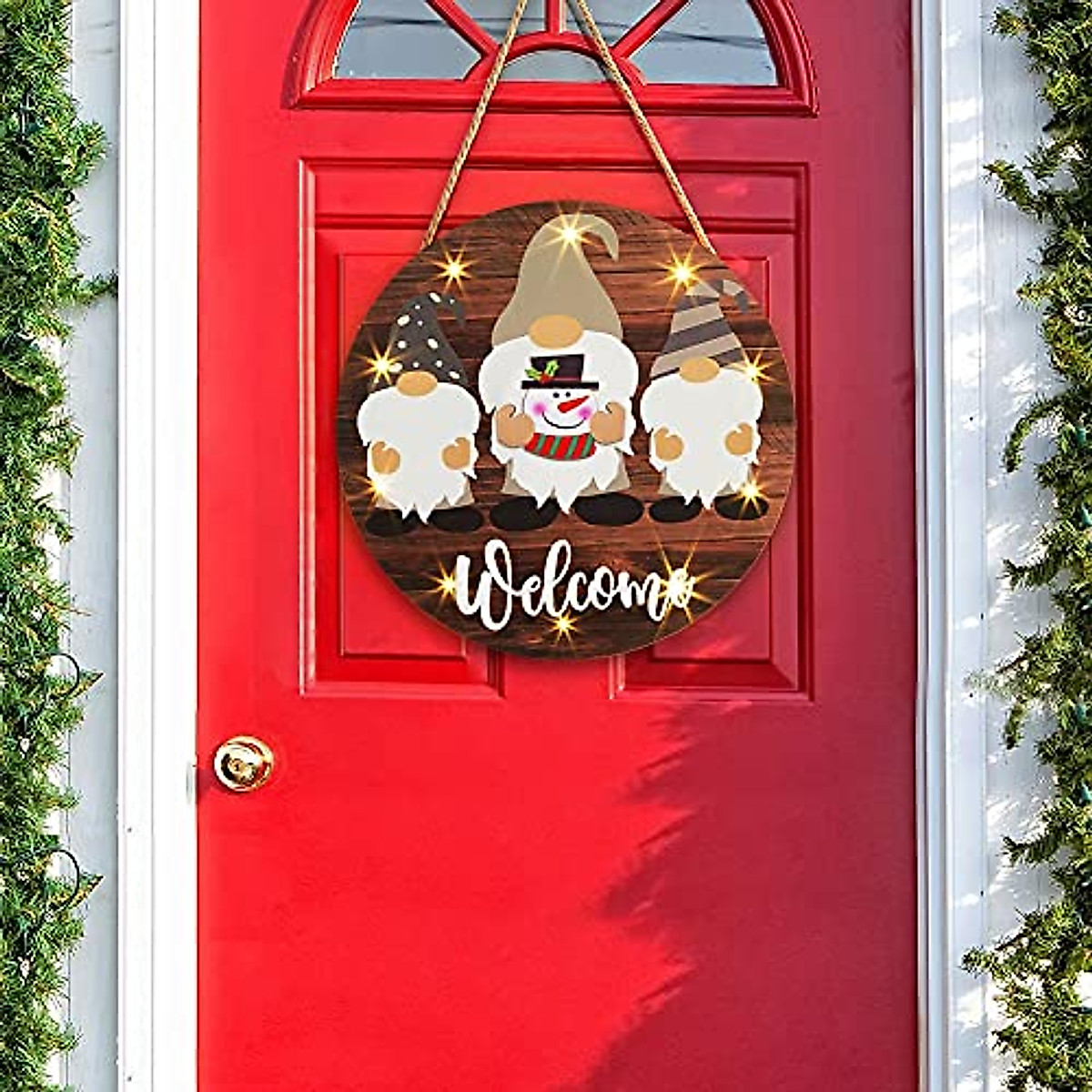 Interchangeable Seasonal Gnome Welcome Sign for Front Door Decor Rustic Wooden Welcome Sign with 10 LED Lights,12 Inches Modern Farmhouse Wall Home Sign for Holiday Halloween Thanksgiving Christmas