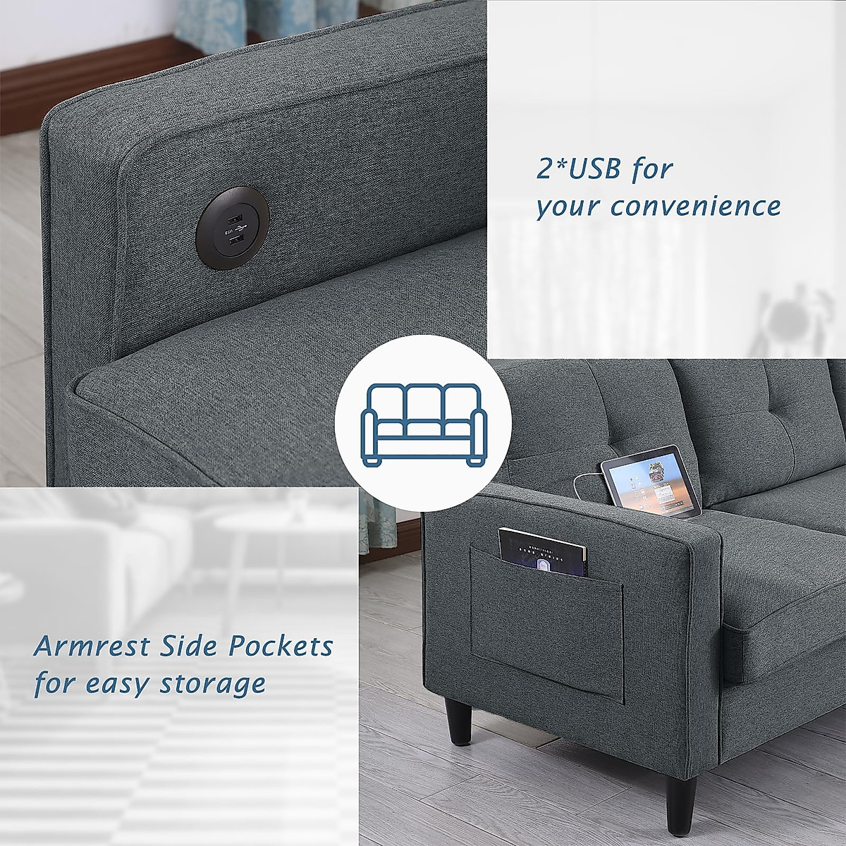 Sectional Sofa for Living Room 76inch Small Space Couches 3 Seater Sofa L shaped Chaise Loveseat Linen Fabric Comfy Couch Chairs with Reversible Ottoman Bench for Home, Apartment, Dorm, Office (Grey)