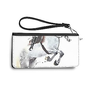 Wristlet Wallets Purse,Horse jumping sport Man watercolor painting on white background,Ladies PU Pockets Large Purse