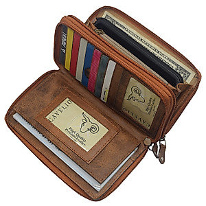 Cavelio Leather Wallets for Women RFID Blocking Double Zip Around Credit Card Holder Phone Clutch (Tan)