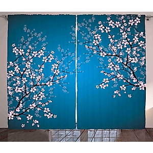 Ambesonne Japanese Curtains, Spring Season Sakura Flower Bloom Design Marine Toned Ombre Background, Living Room Bedroom Window Drapes 2 Panel Set, 108" X 90", Blue Pink