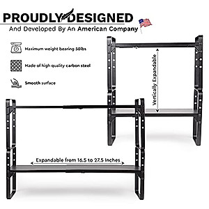 Expandable Kitchen Cabinet Shelf Organizers - Adjustable Height & Width Shelf Riser - Stackable Shelves - Pantry Shelf Organizer Rack - Cupboard Cabinet Storage Shelf Rack - Countertop Organizer